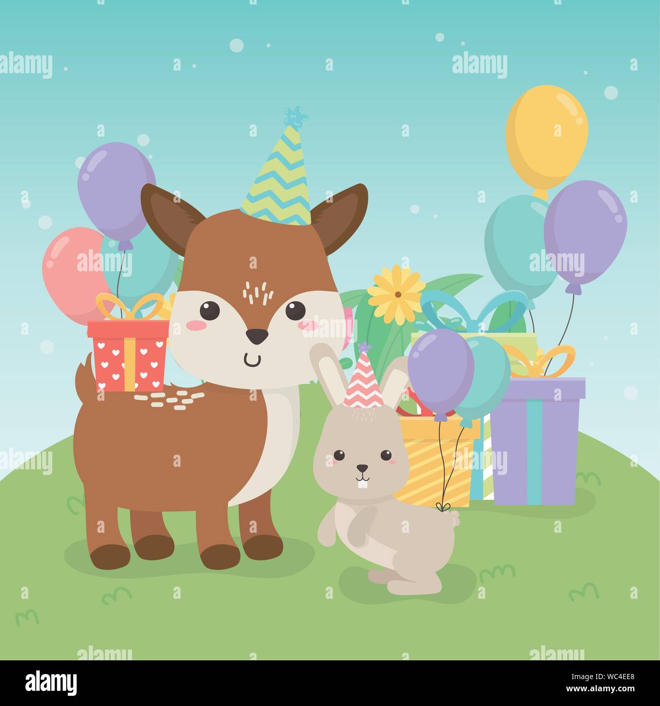 cute fawn and rabbit in birthday party scene vector illustration design ...