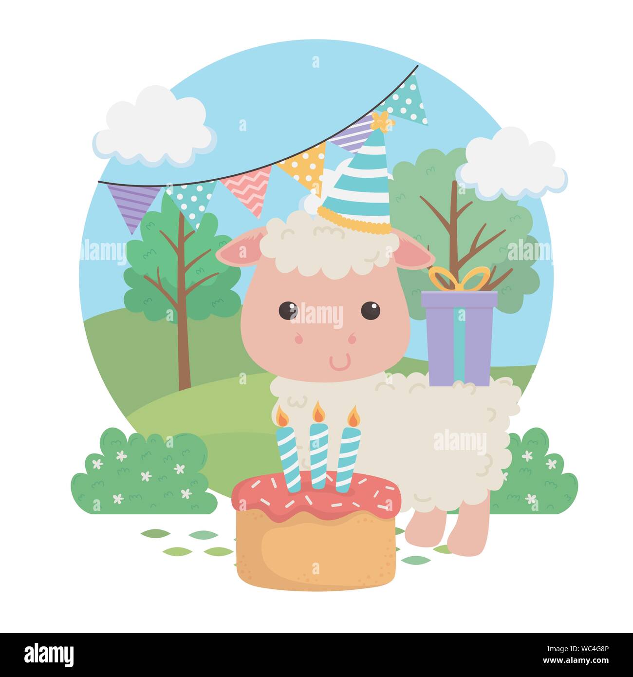 cute sheep animal farm in birthday party scene vector illustration ...