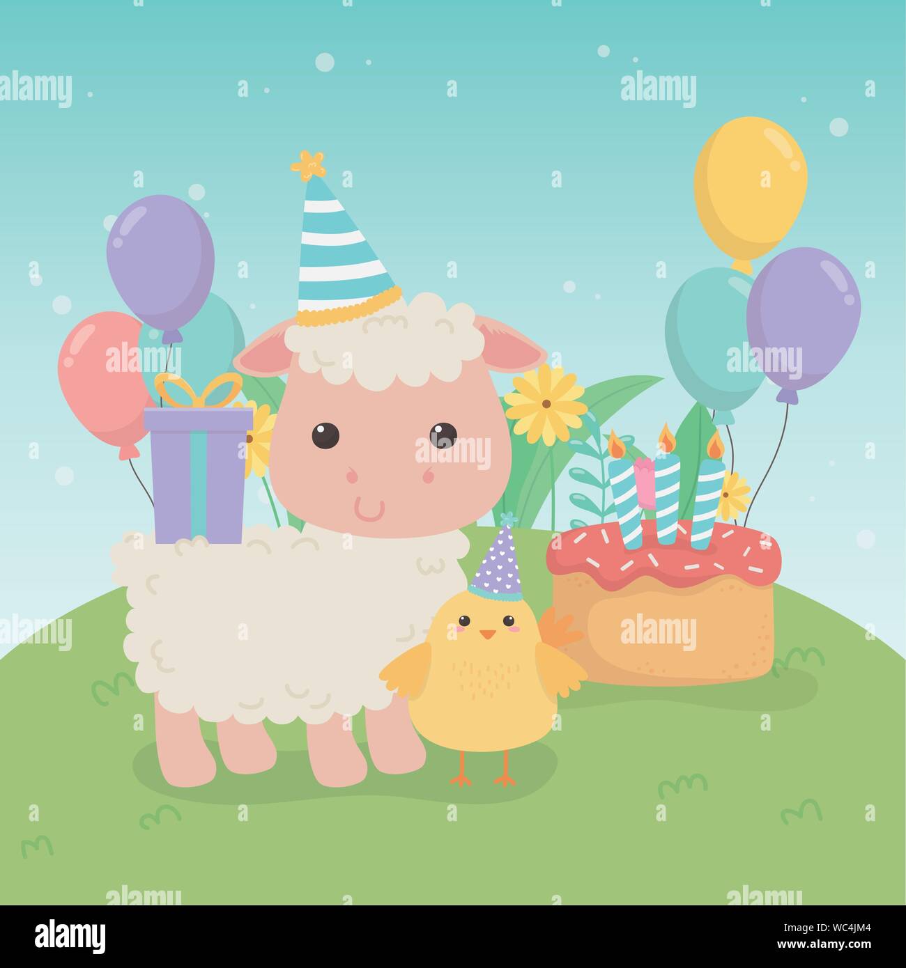 cute sheep animal farm in birthday party scene vector illustration ...