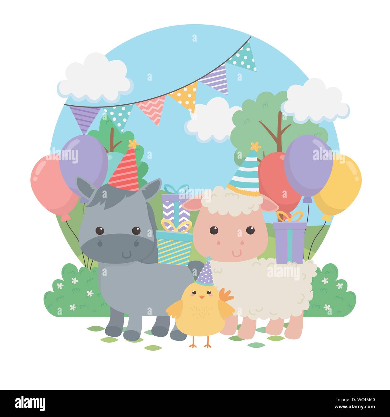 group of cute animals farm in birthday party scene vector illustration ...