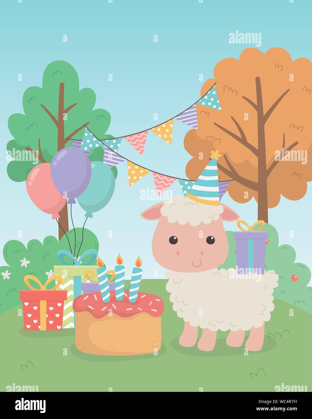 cute sheep animal farm in birthday party scene vector illustration ...