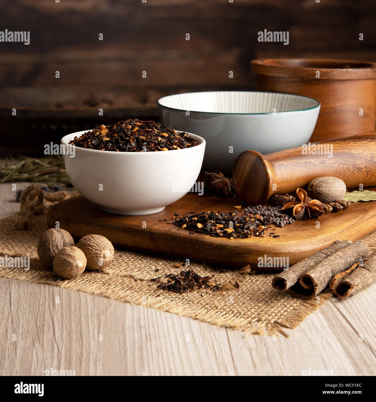 Dried Crushed Mexican Ancho Chilli Chile in a bowl and food preparation ...