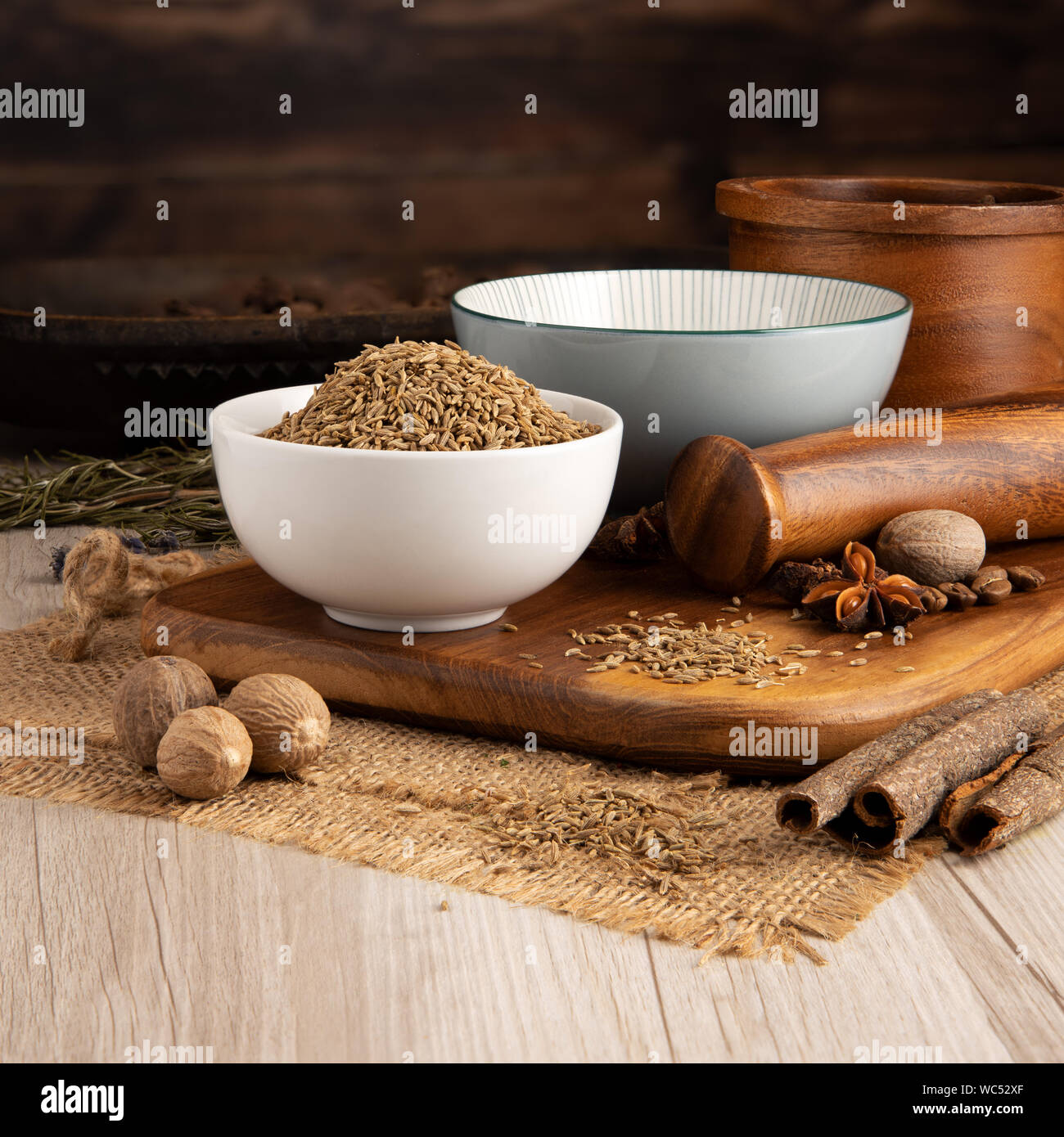 Dried Cumin Seeds in a bowl and food preparation and kitchen setting ...
