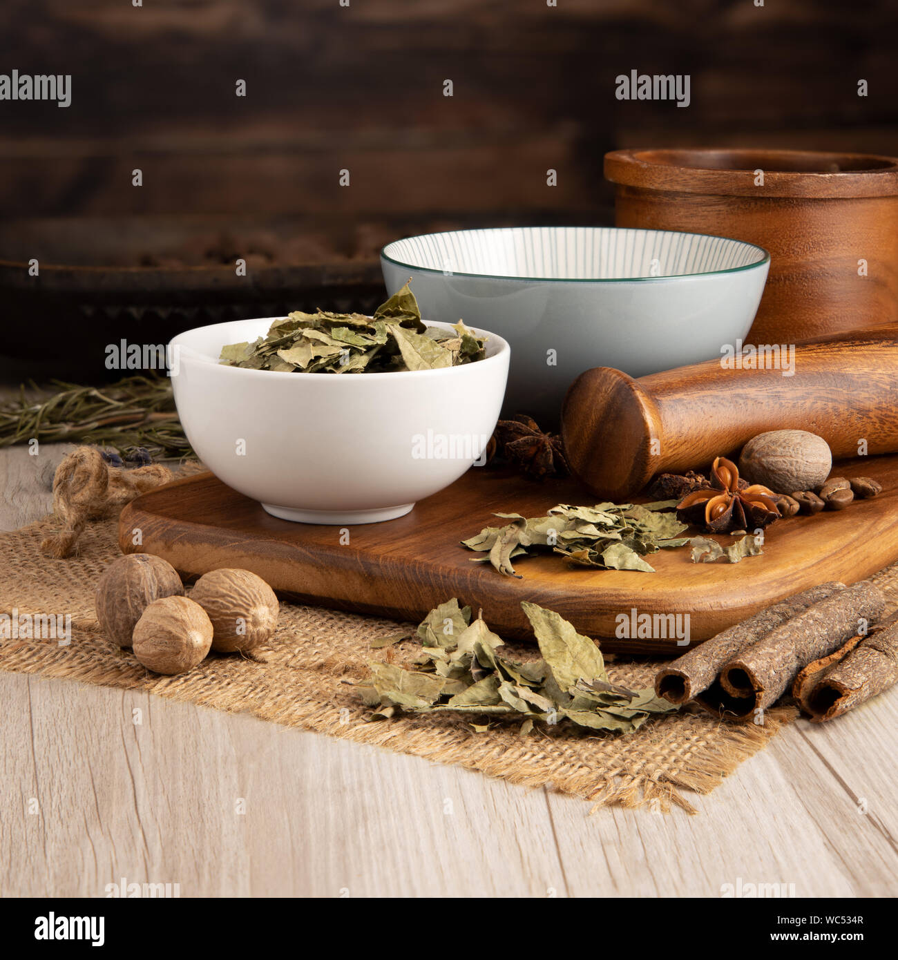 Dried Curry Leaf in a bowl and food preparation and kitchen setting ...