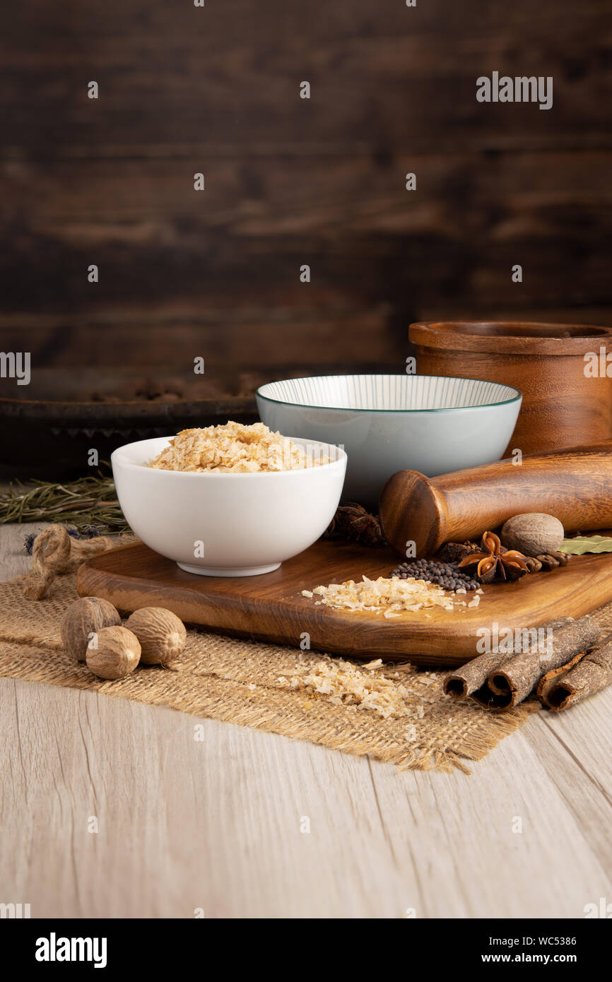 Cyprus Pyramid Salt in a bowl and food preparation and kitchen setting ...