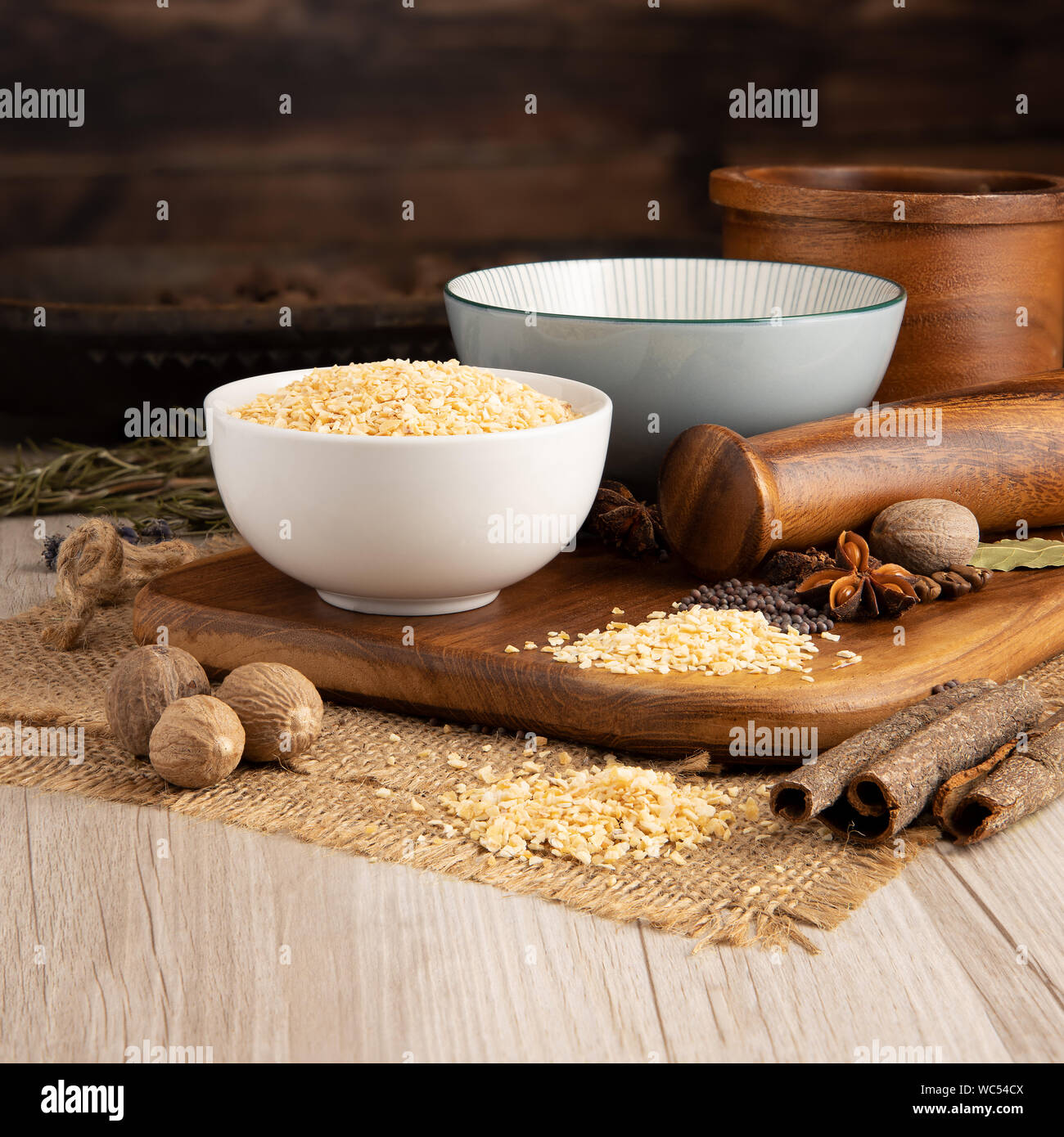 Dry Garlic Granules Dried in a bowl and food preparation and kitchen ...