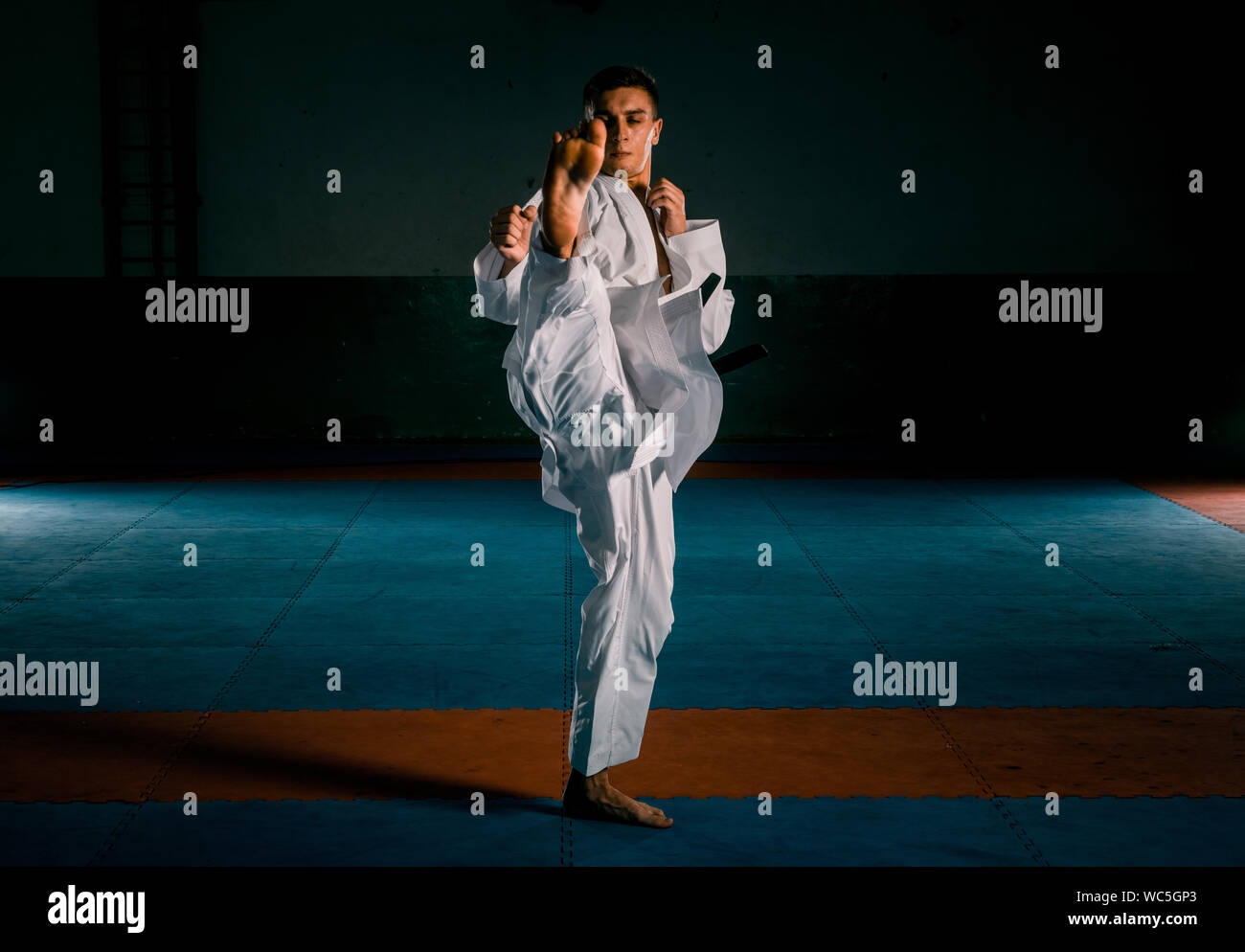 Young sporty man in white kimono training karate kata moves in gym ...