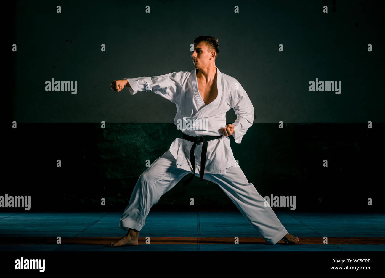 An athlete with a black belt and in karategi performs a formal karate ...