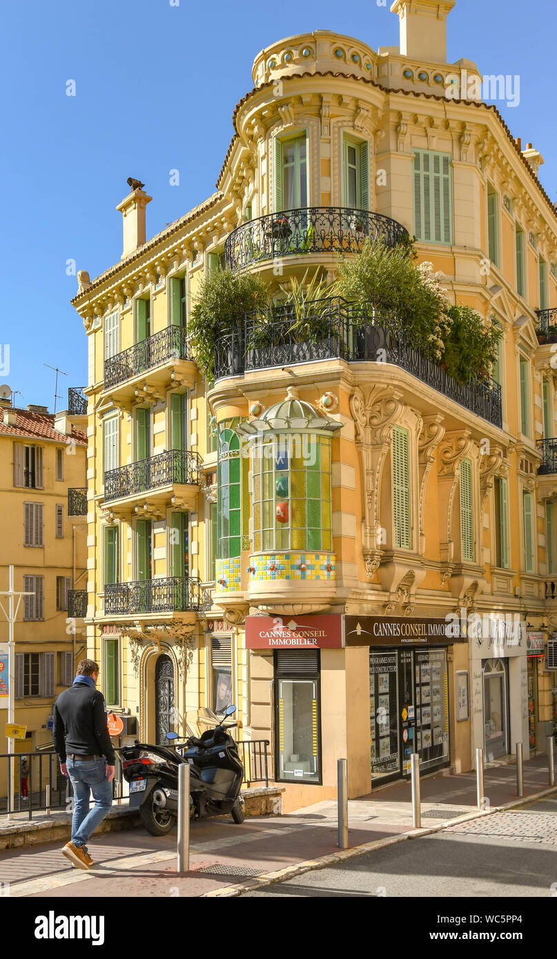 CANNES, FRANCE - APRIL 2019: The corner of an ornate building with ...