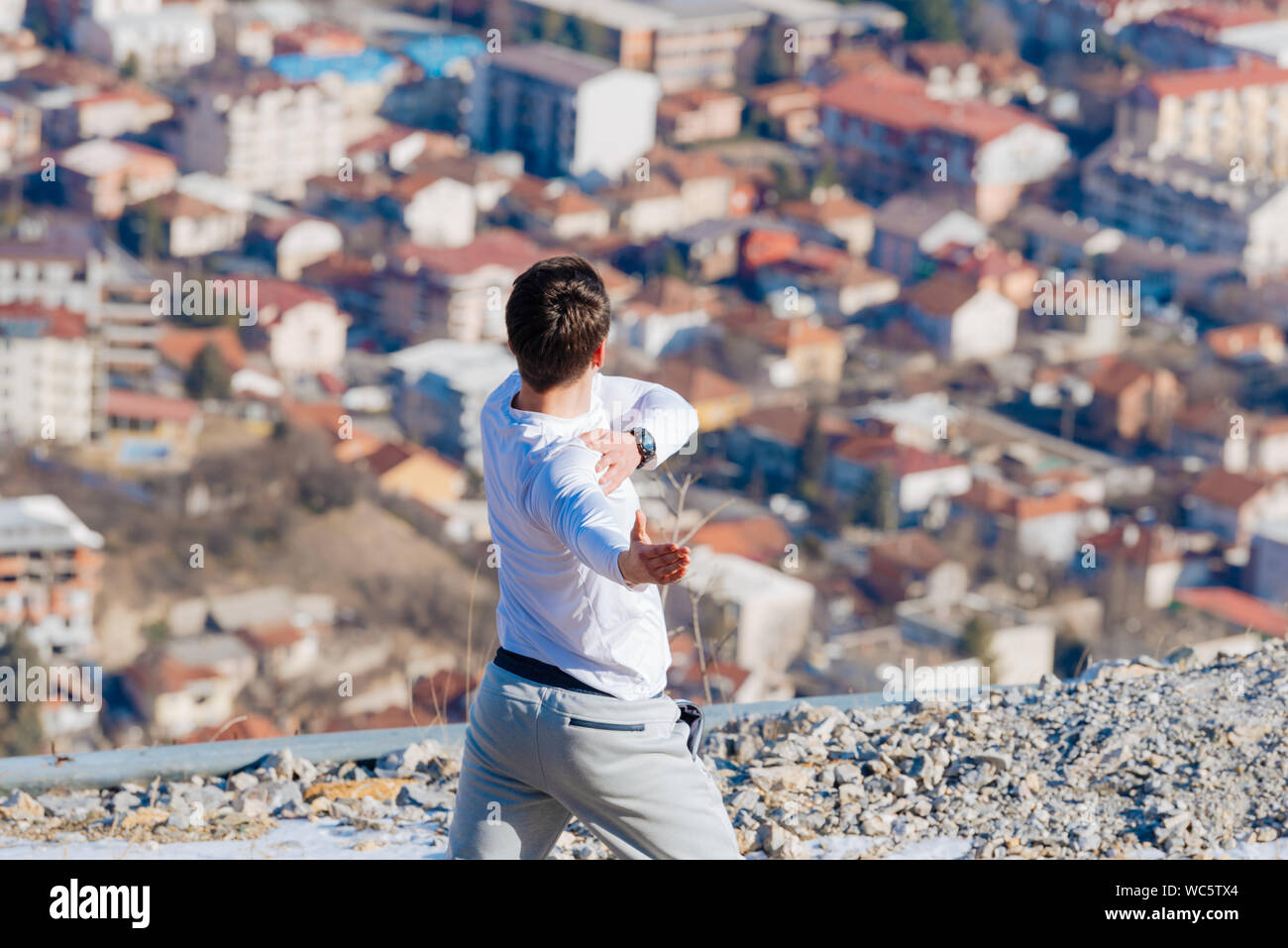 Bodybuilder performing his warming up session while having an excellent ...