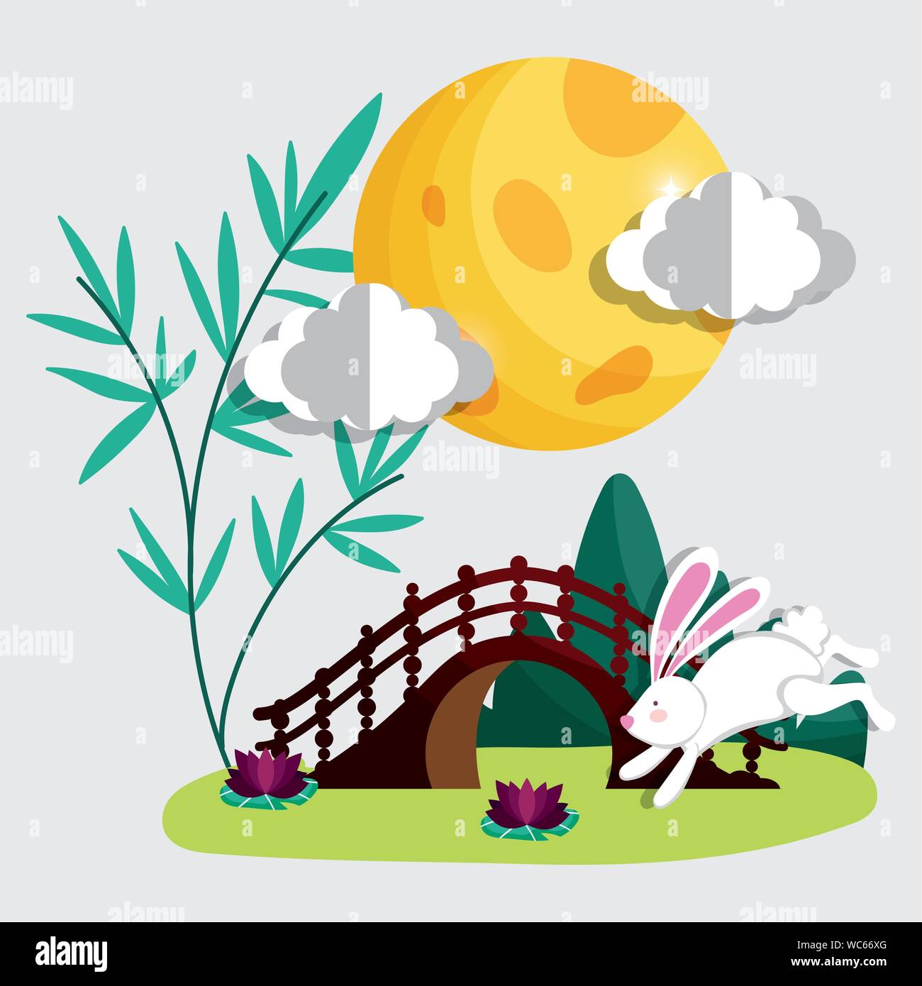 rabbit jumping bridge bamboo flower decoration happy moon festival ...