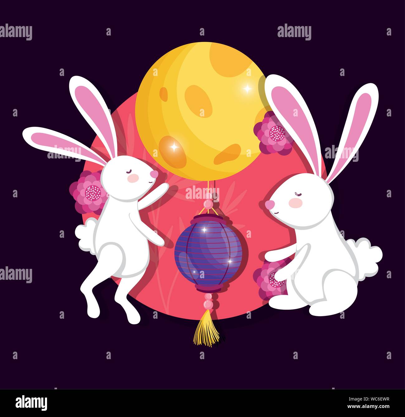 rabbits cartoon lantern decoration happy moon festival vector ...