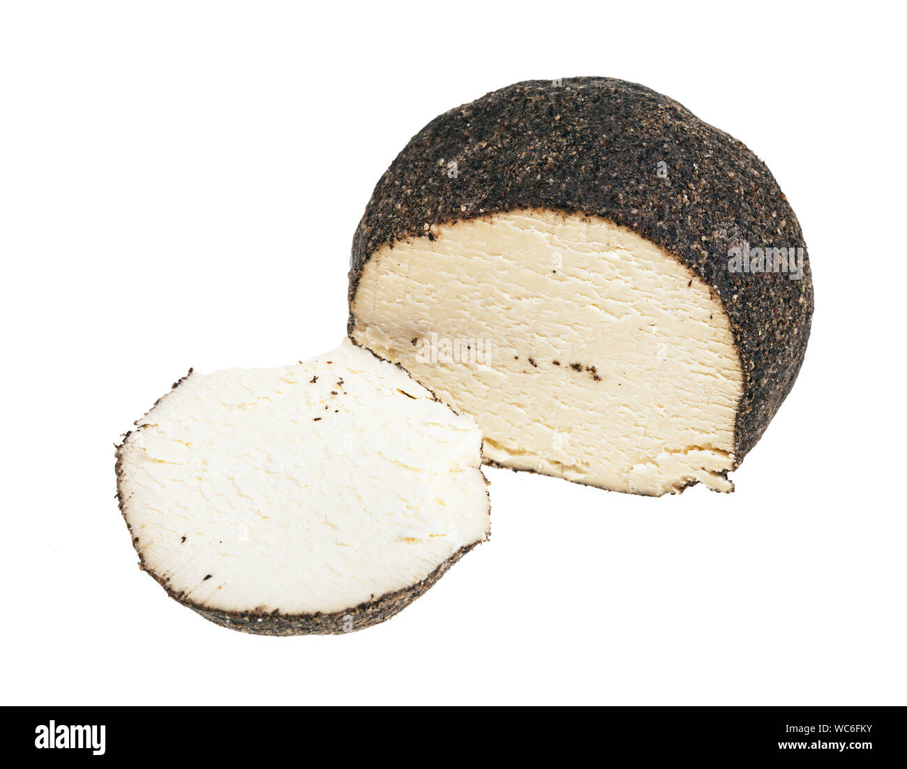 cheese coated by black pepper with cutted piece isolated on white ...