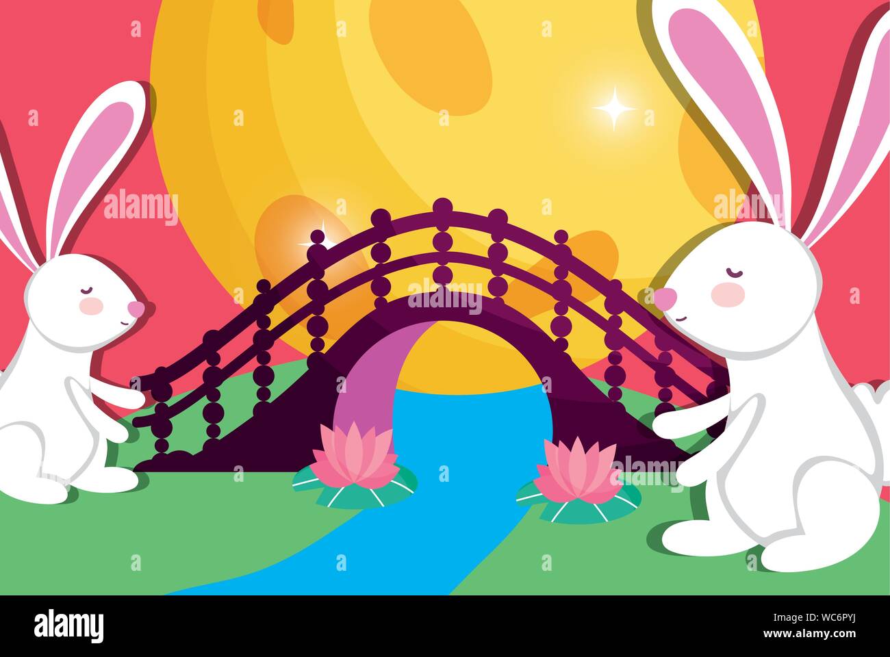 rabbits bridge river flower happy moon festival vector illustration ...