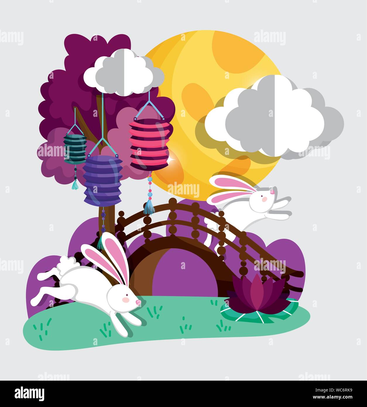 rabbits jumping trees bridge lantern decoration happy moon festival ...