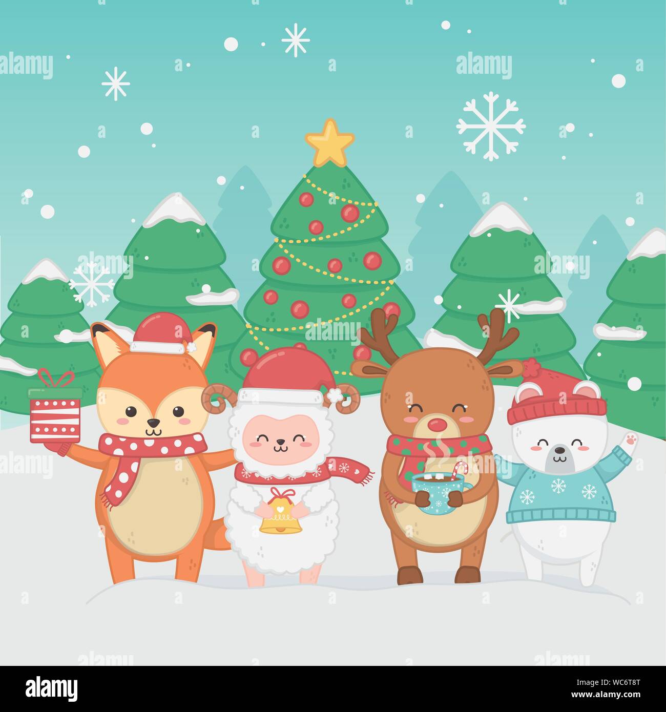 happy merry christmas card with group of animals vector illustration ...
