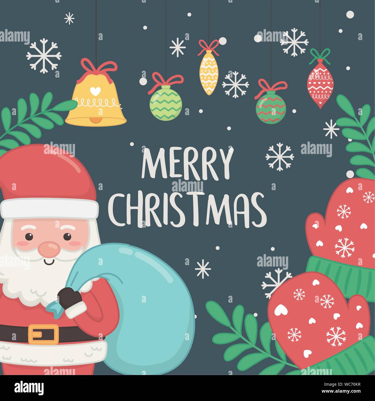 christmas card with santa claus and balls hanging vector illustration ...