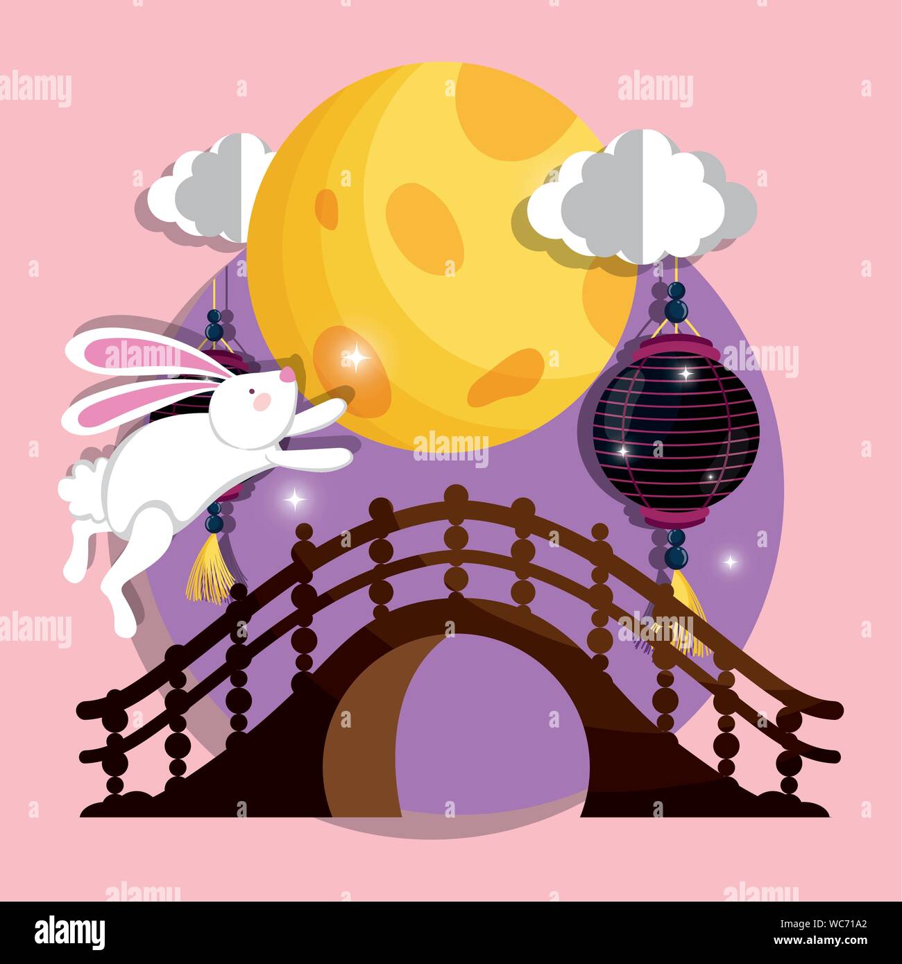 rabbit bridge lantern decoration happy moon festival vector ...