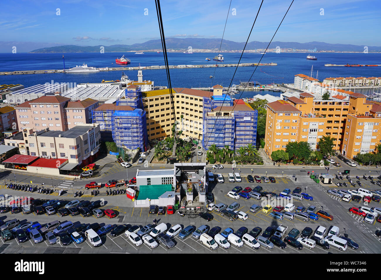 GIBRALTAR, UNITED KINGDOM -28 APR 2019- View of cable car lines for the ...