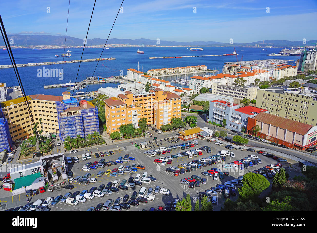 GIBRALTAR, UNITED KINGDOM -28 APR 2019- View of cable car lines for the ...