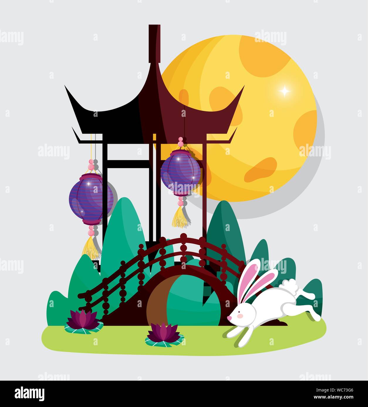 rabbit bridge gate lantern decoration happy moon festival vector ...