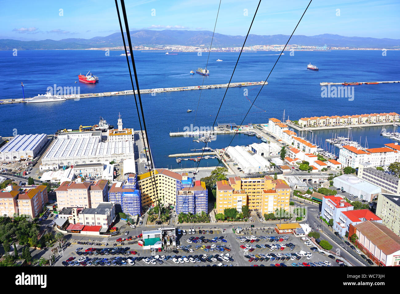GIBRALTAR, UNITED KINGDOM -28 APR 2019- View of cable car lines for the ...