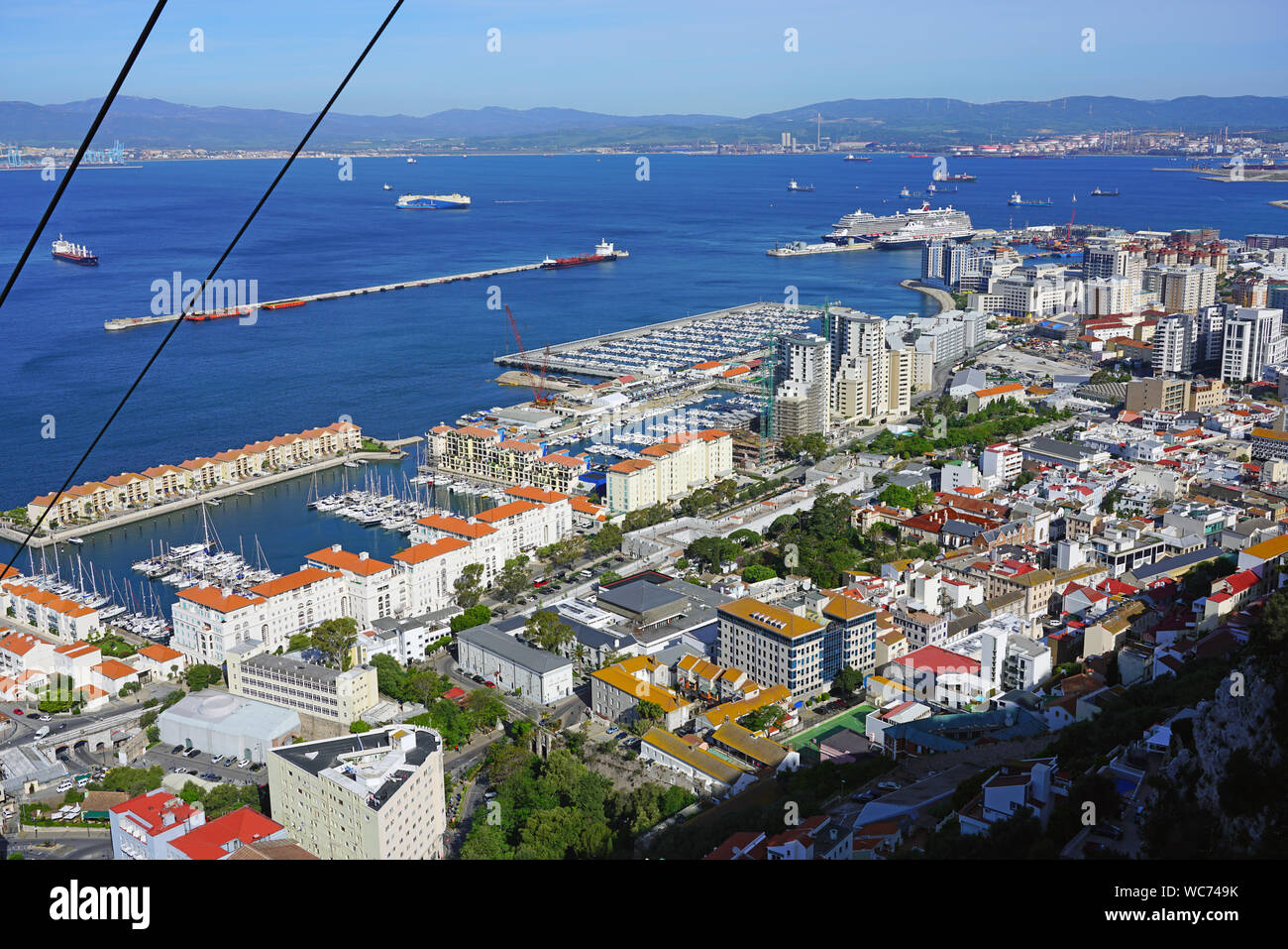 GIBRALTAR, UNITED KINGDOM -28 APR 2019- View of cable car lines for the ...