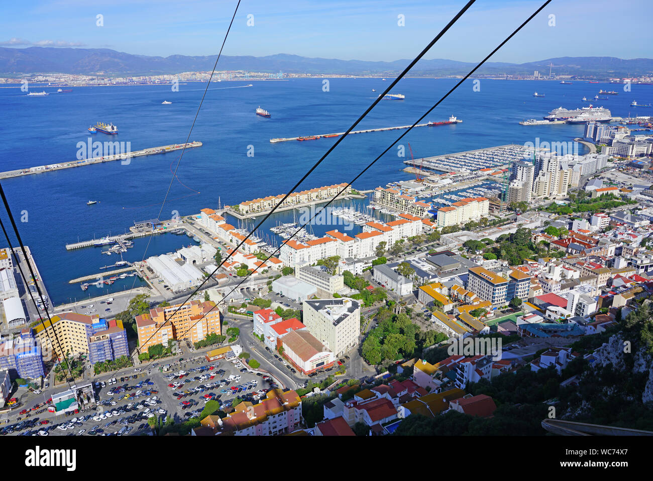 GIBRALTAR, UNITED KINGDOM -28 APR 2019- View of cable car lines for the ...