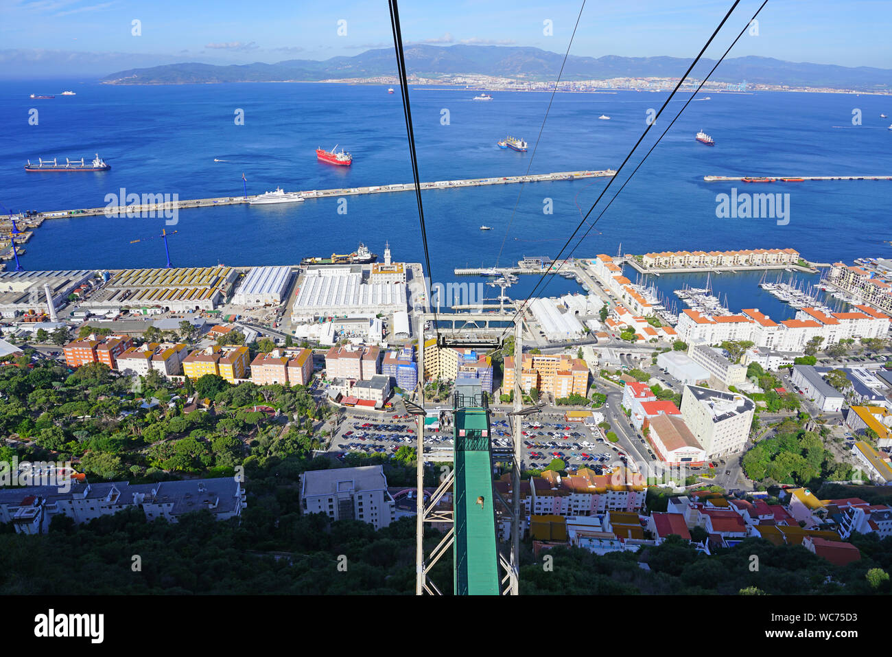 GIBRALTAR, UNITED KINGDOM -28 APR 2019- View of cable car lines for the ...