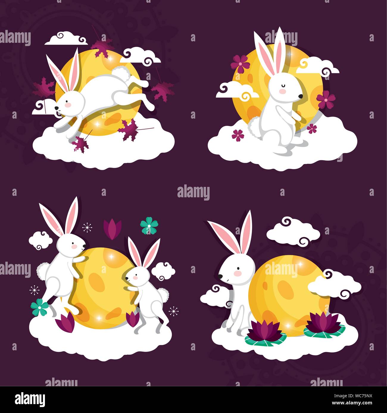 rabbits set celebration happy moon festival vector illustration Stock ...
