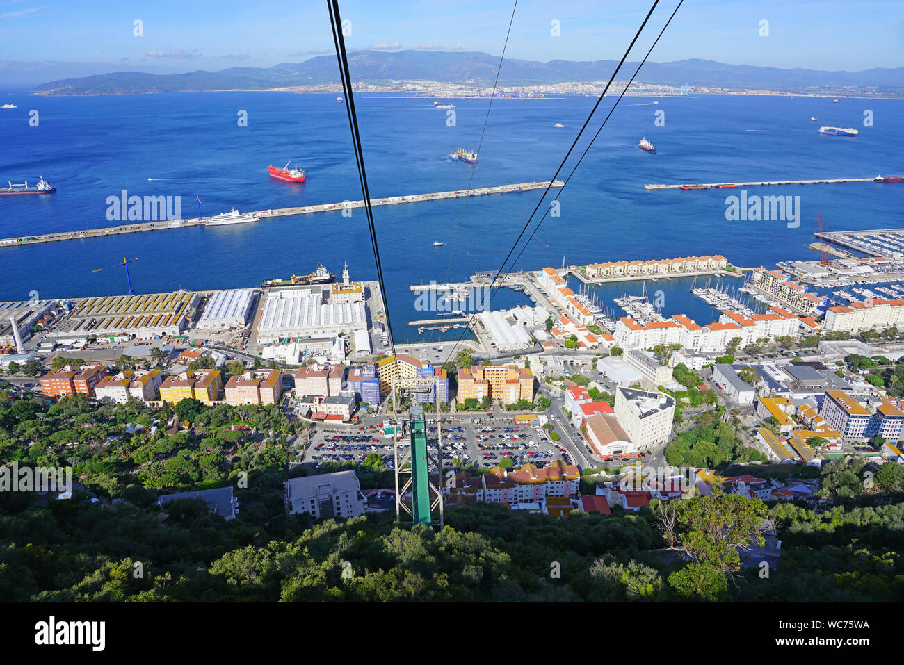 GIBRALTAR, UNITED KINGDOM -28 APR 2019- View of cable car lines for the ...