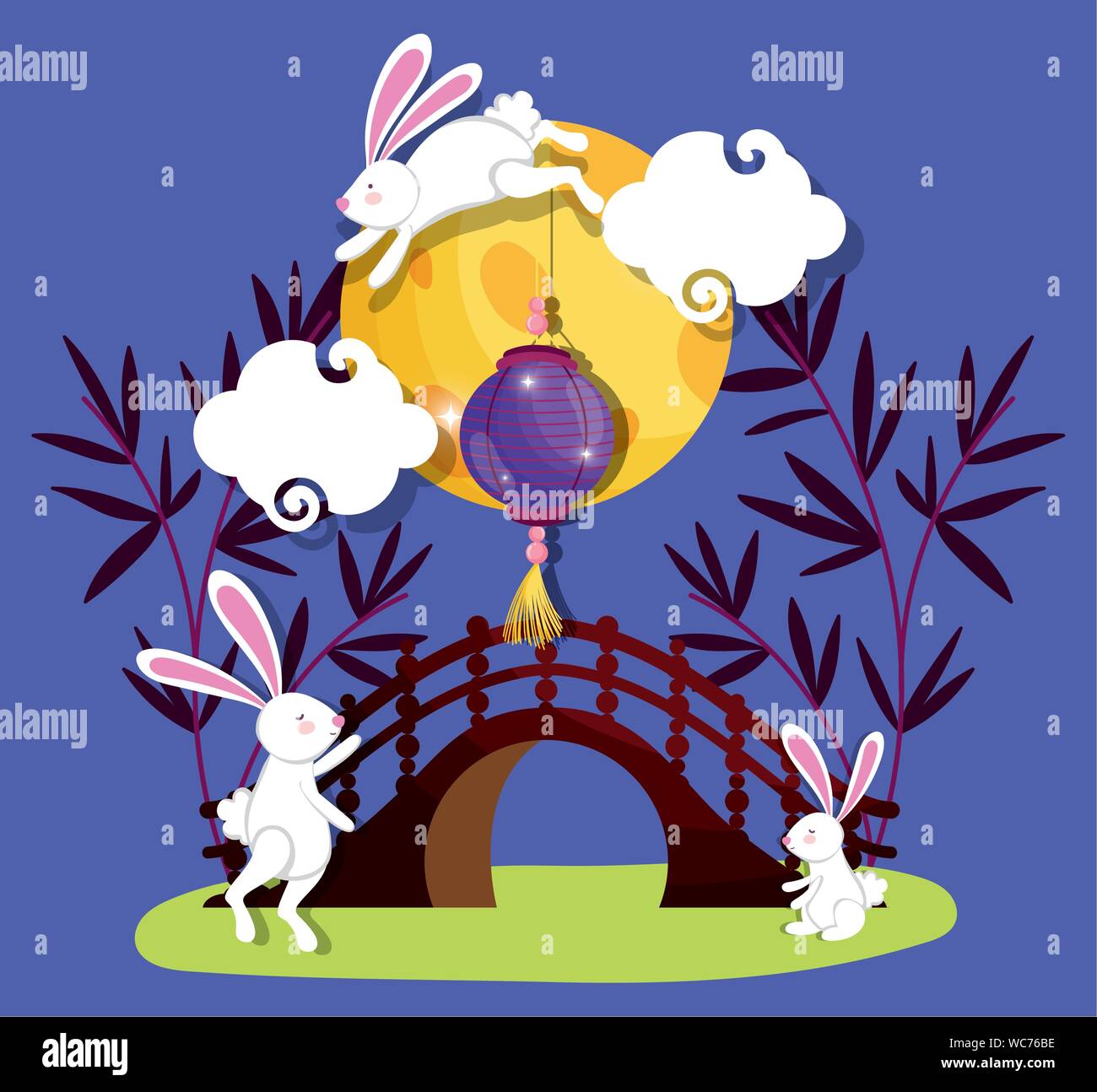 rabbits bridge lantern chinese event happy moon festival vector ...
