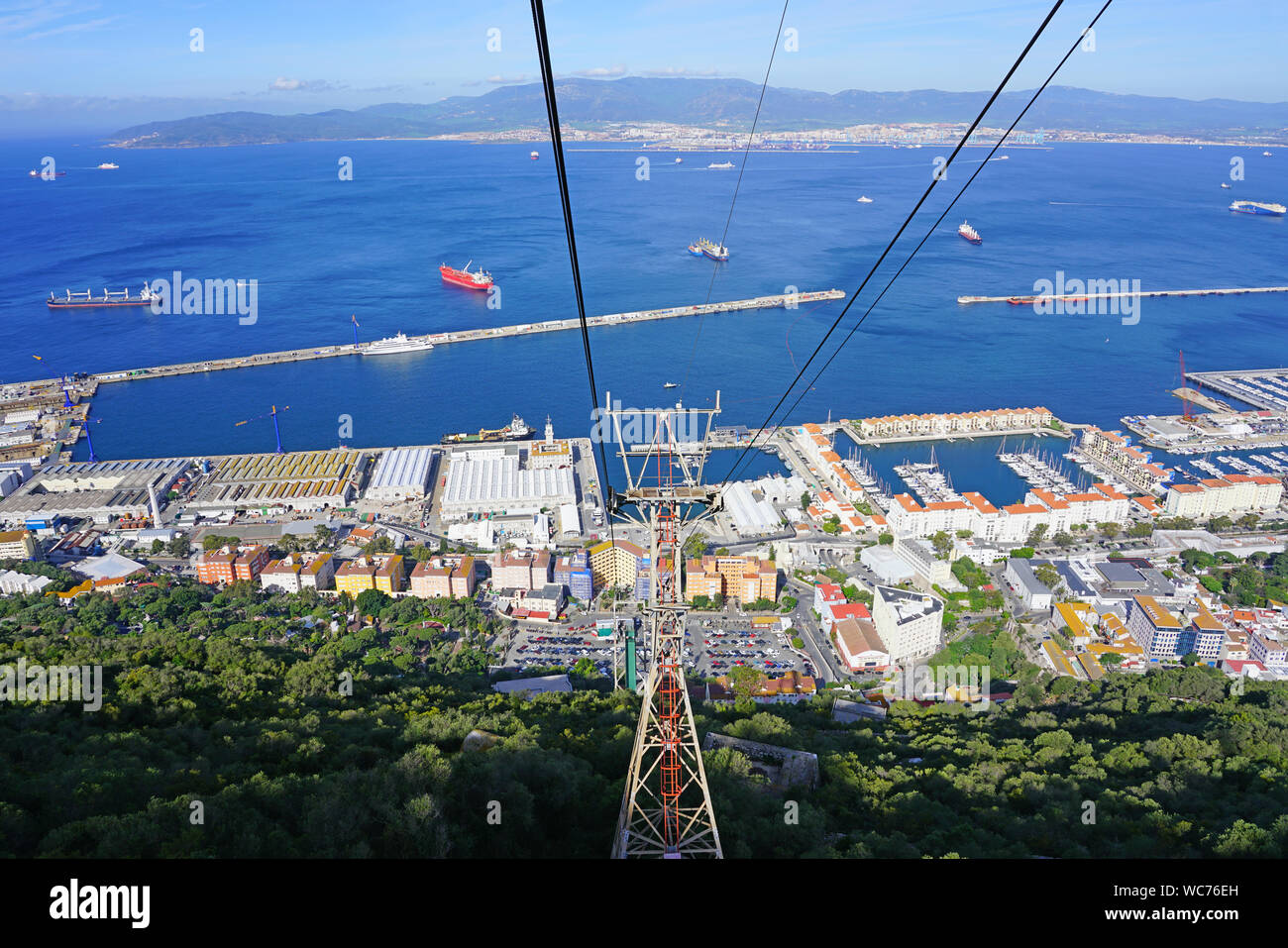 GIBRALTAR, UNITED KINGDOM -28 APR 2019- View of cable car lines for the ...