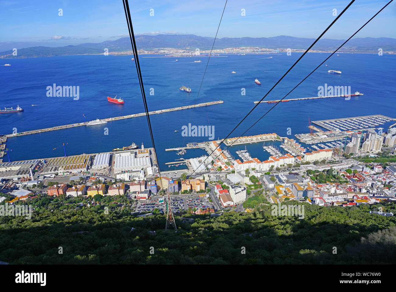 GIBRALTAR, UNITED KINGDOM -28 APR 2019- View of cable car lines for the ...