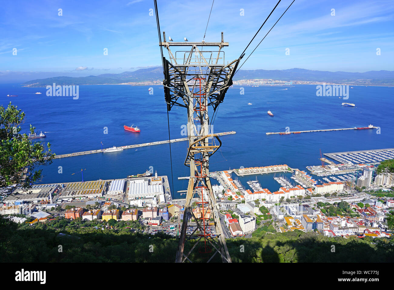 GIBRALTAR, UNITED KINGDOM -28 APR 2019- View of cable car lines for the ...