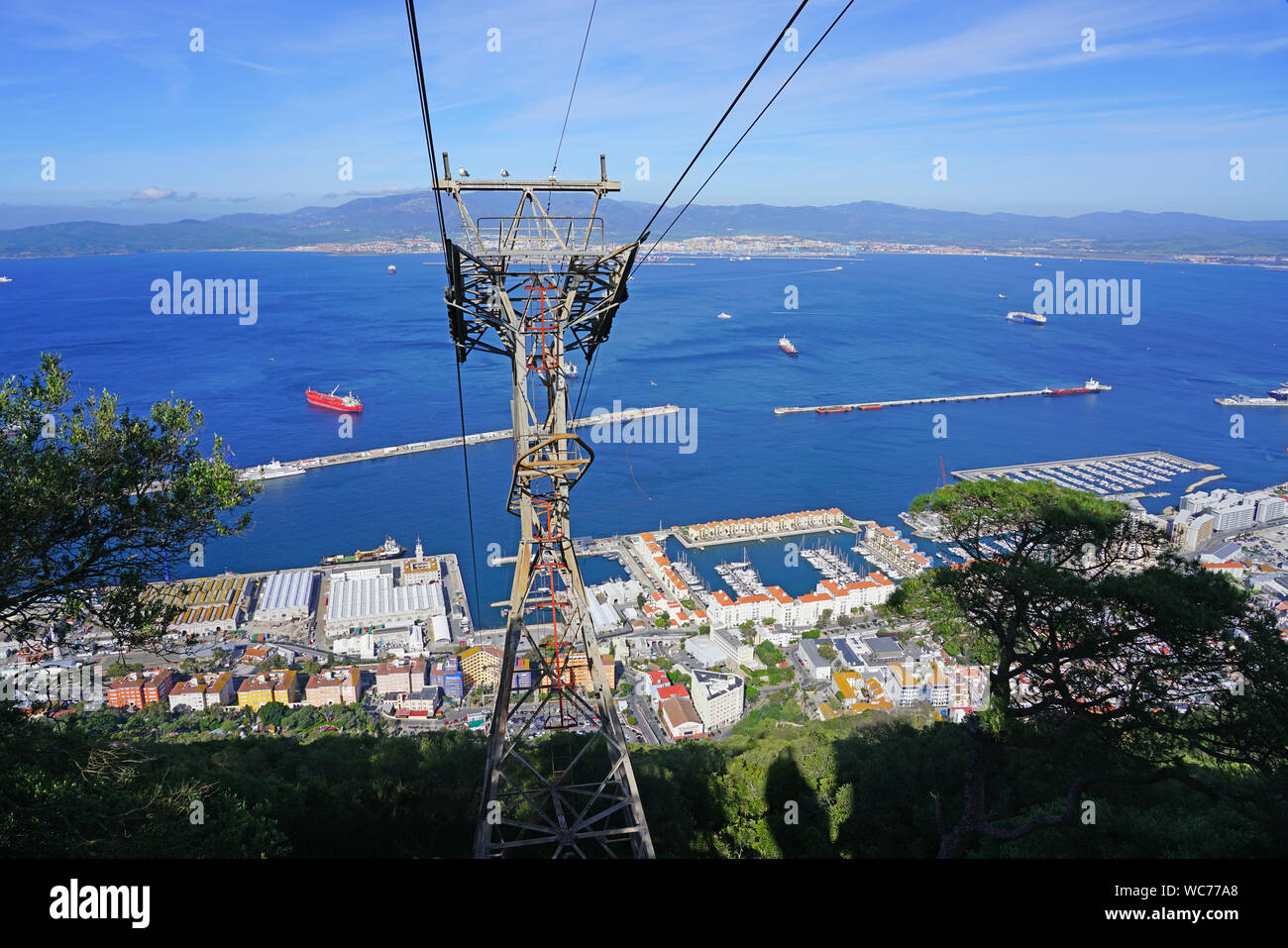 GIBRALTAR, UNITED KINGDOM -28 APR 2019- View of cable car lines for the ...