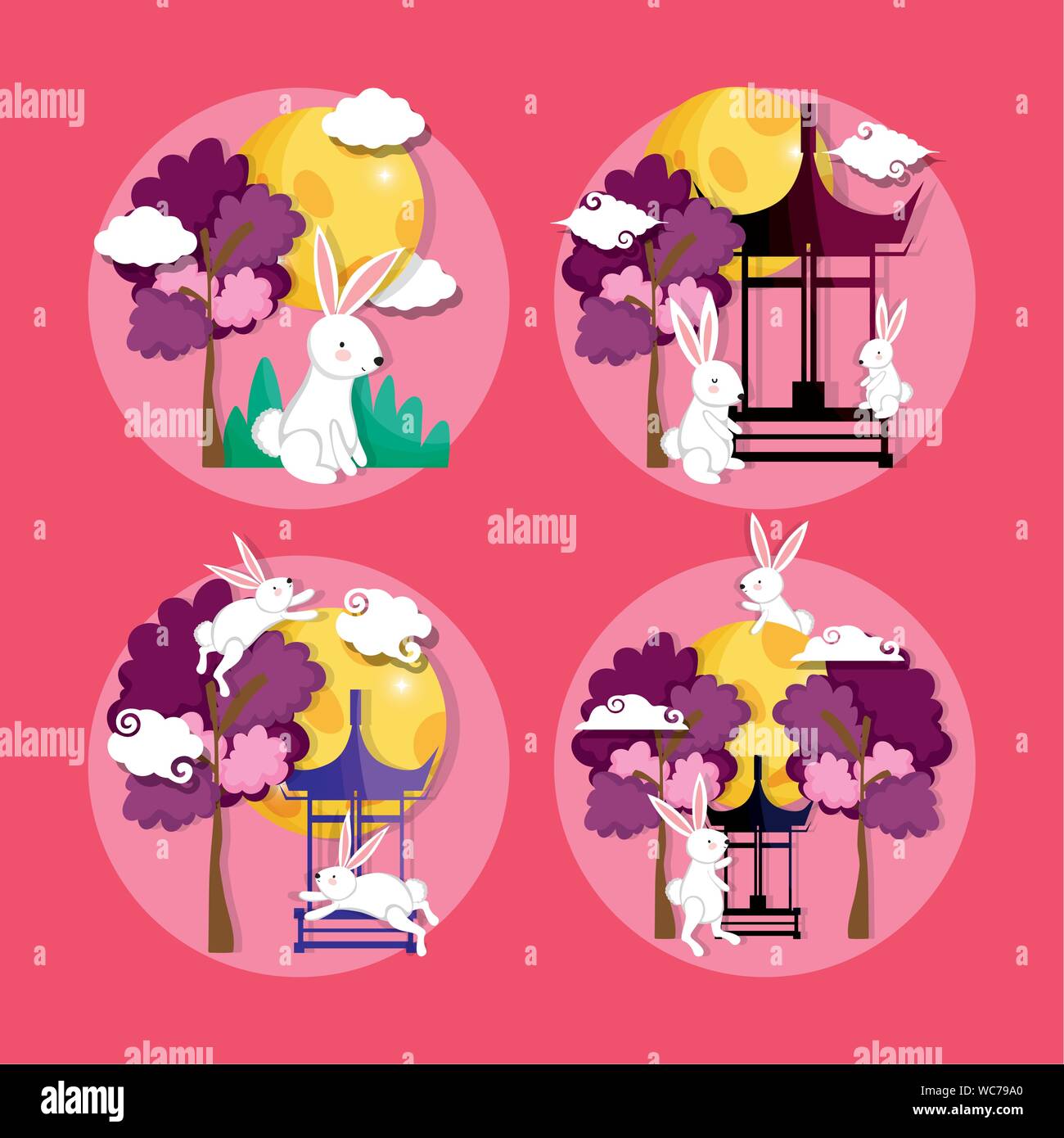 rabbits set celebration happy moon festival vector illustration Stock ...
