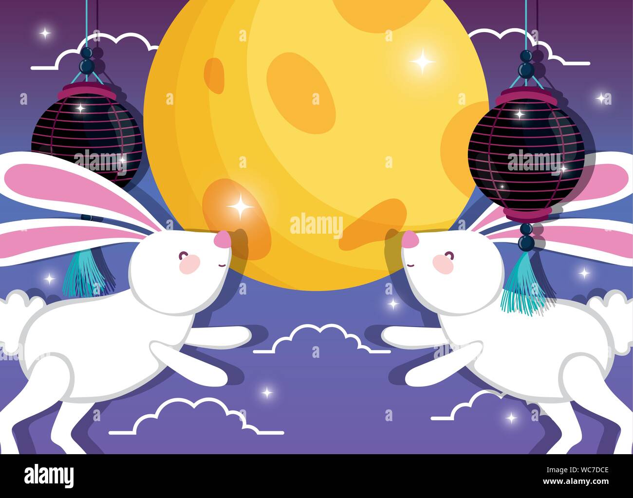 rabbits lanterns decoration happy moon festival vector illustration ...