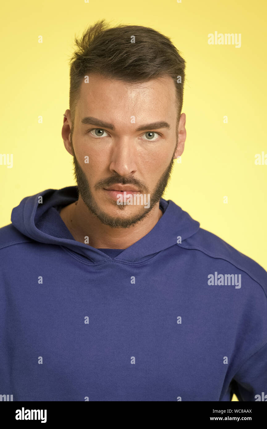 Male beauty. Macho with smooth healthy skin. Man bearded confident face ...