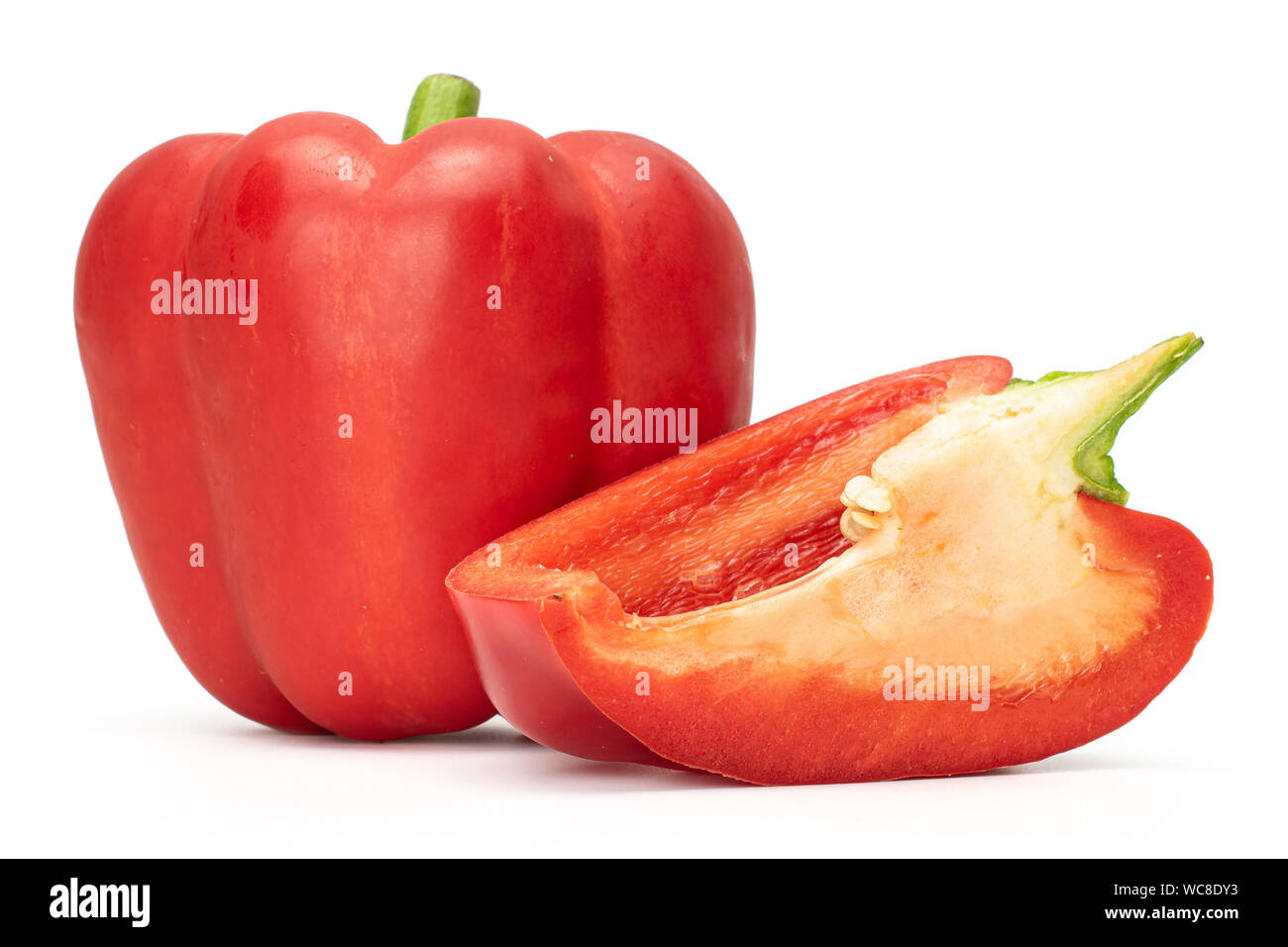 Group of one whole one slice of bright red bell pepper isolated on ...
