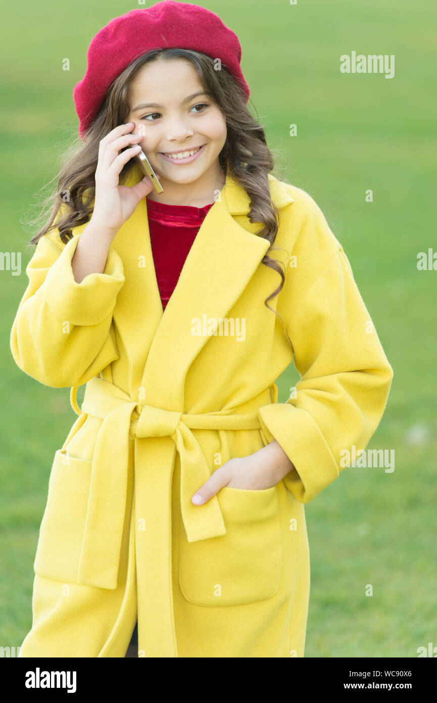 Hello friend. Cute girl hold smartphone. Mobile conversation. Mobile ...