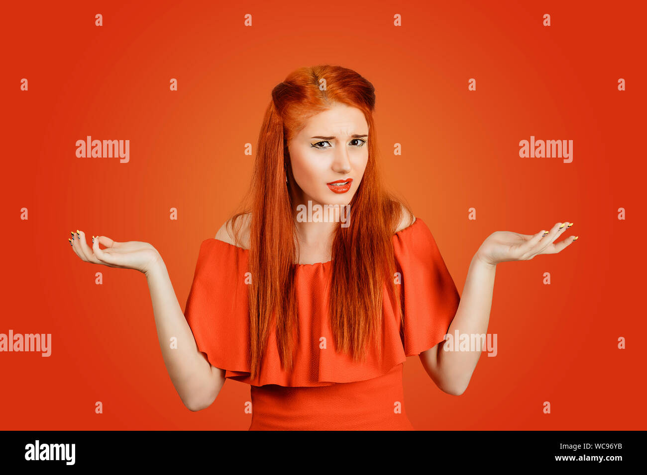 Portrait annoyed looking woman arms out shrugs shoulders who cares so ...