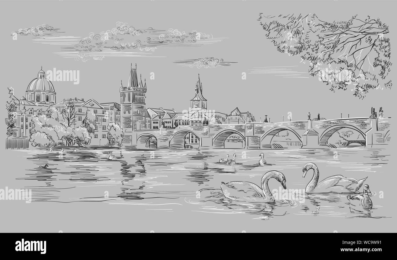 Vector hand drawing Illustration Cityscape of Charles Bridge and swans ...