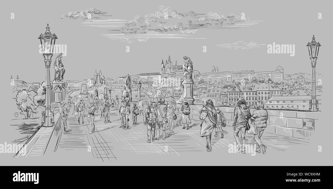Vector hand drawing Illustration of Charles Bridge and panorama of ...