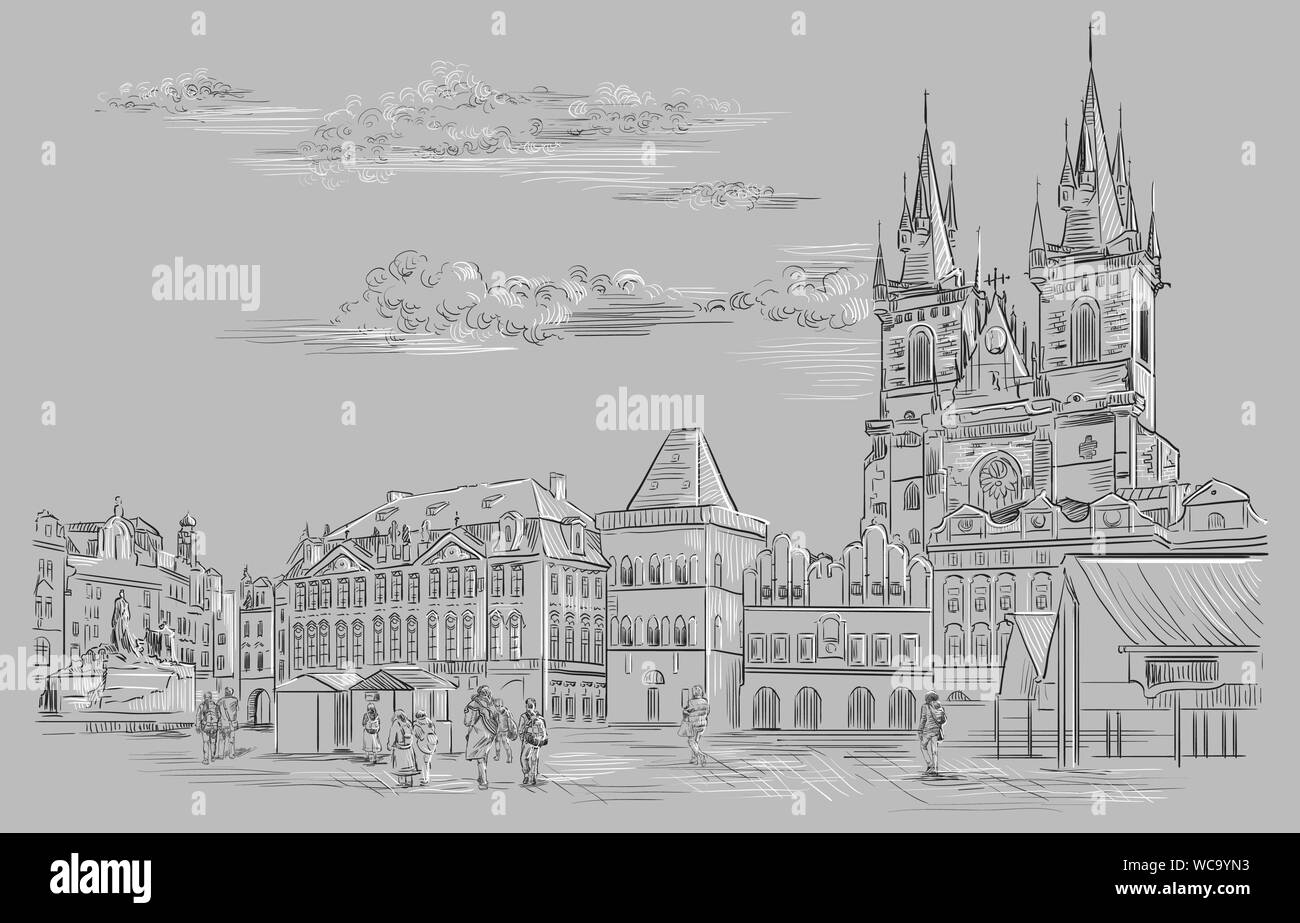 Vector hand drawing Illustration. Cityscape of Old Town Square and Tyn ...