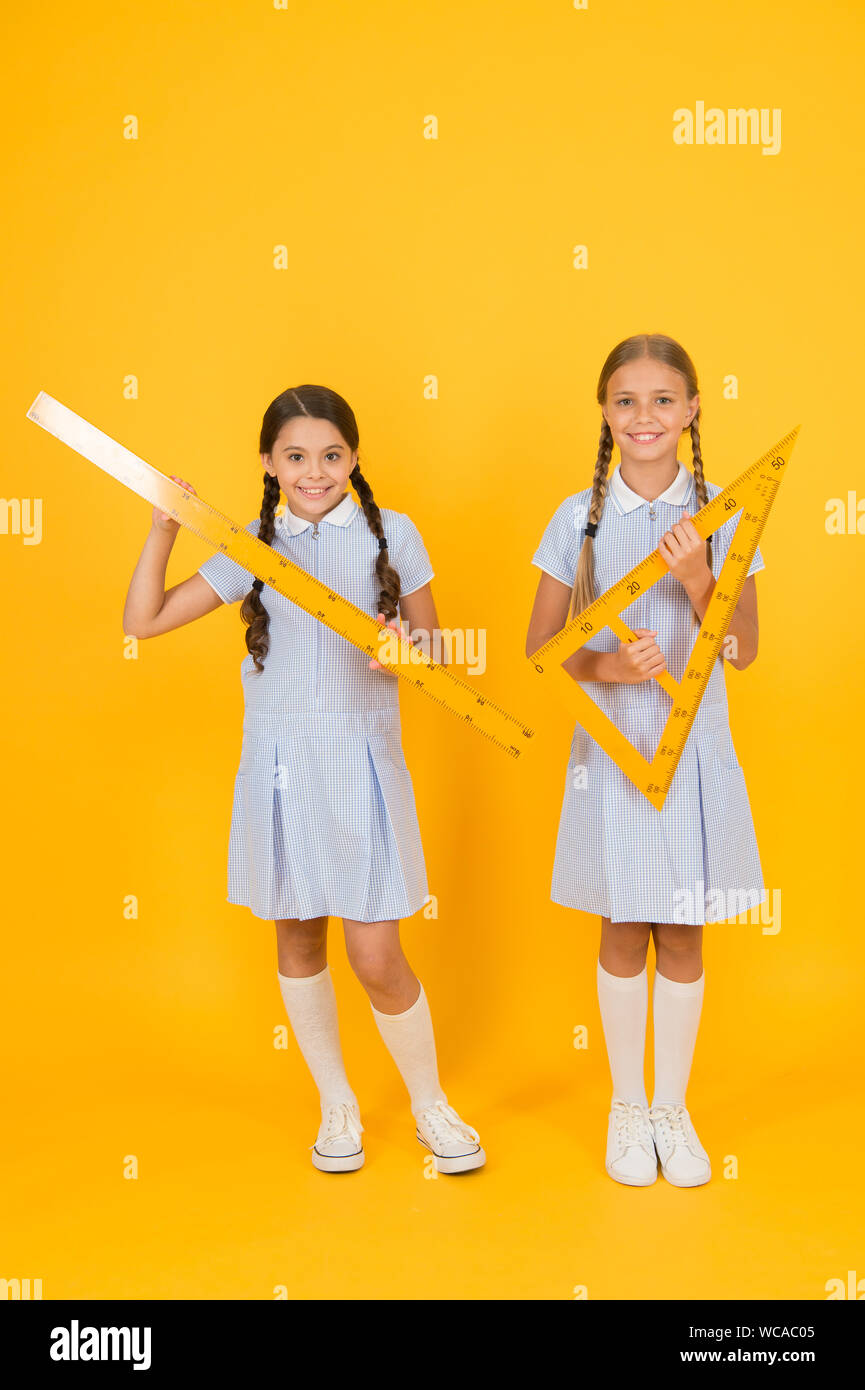Study math. School students study math. Pupil school girls rulers ...