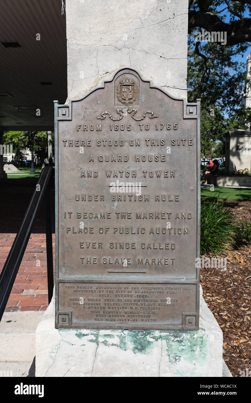 St. Augustine, FL - June 15, 2018: The Slave Market sign tells the ...
