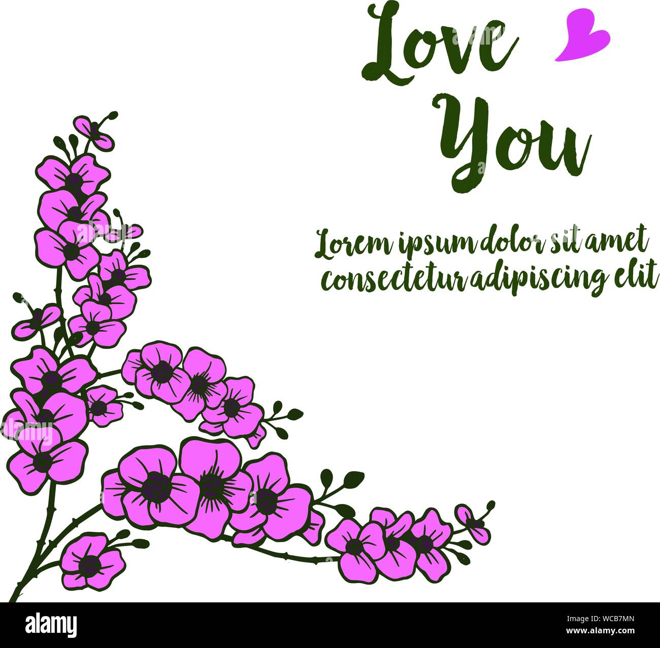 Design unique frame, with pink flowers, for romantic card of text love ...