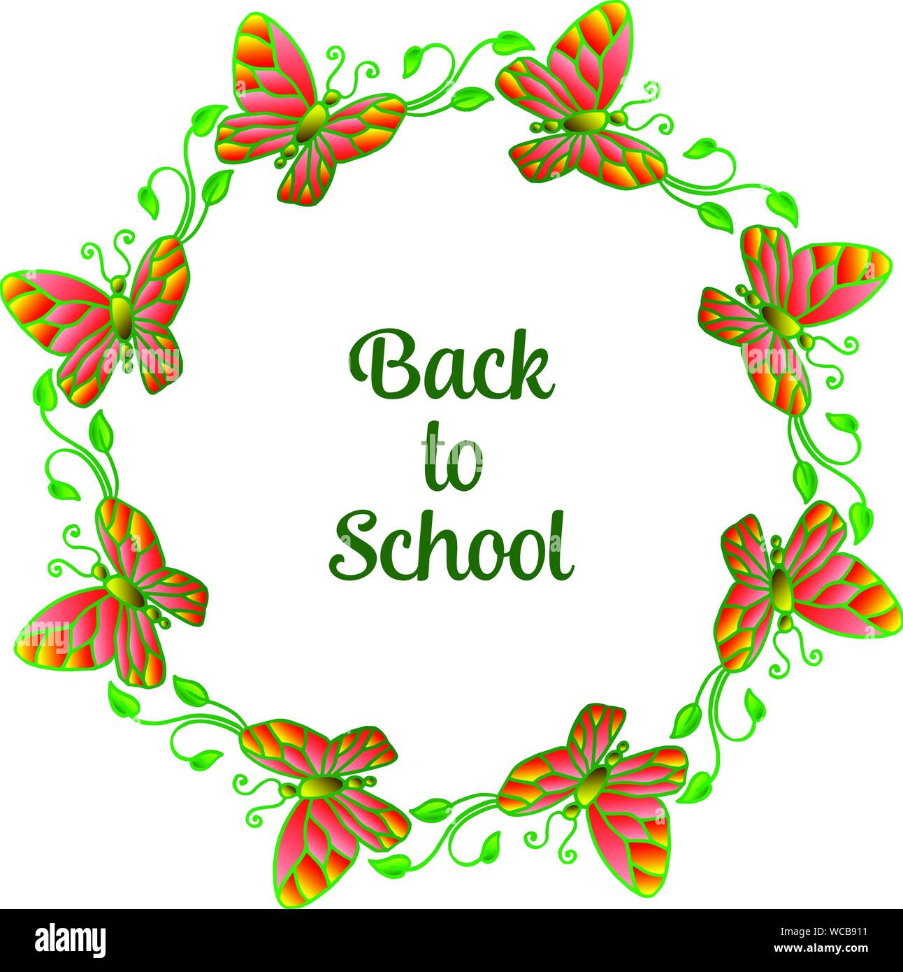 Back to school frame design, cute butterfly and green leaves. Vector ...