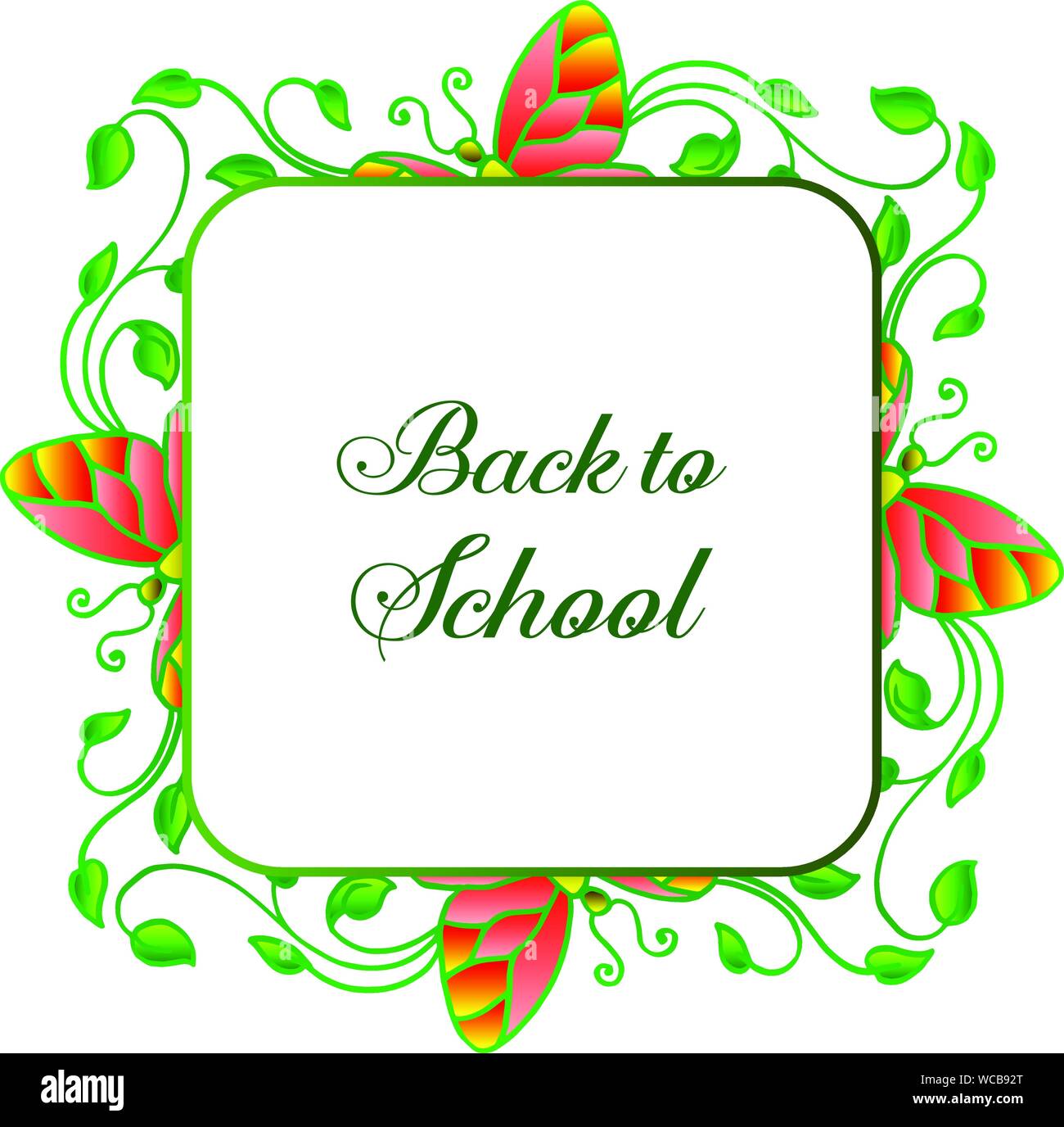 Back to school frame design, cute butterfly and green leaves. Vector ...
